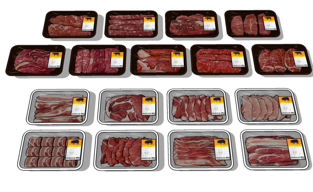 [3D] A collection of 17 types of supermarket packaged meat