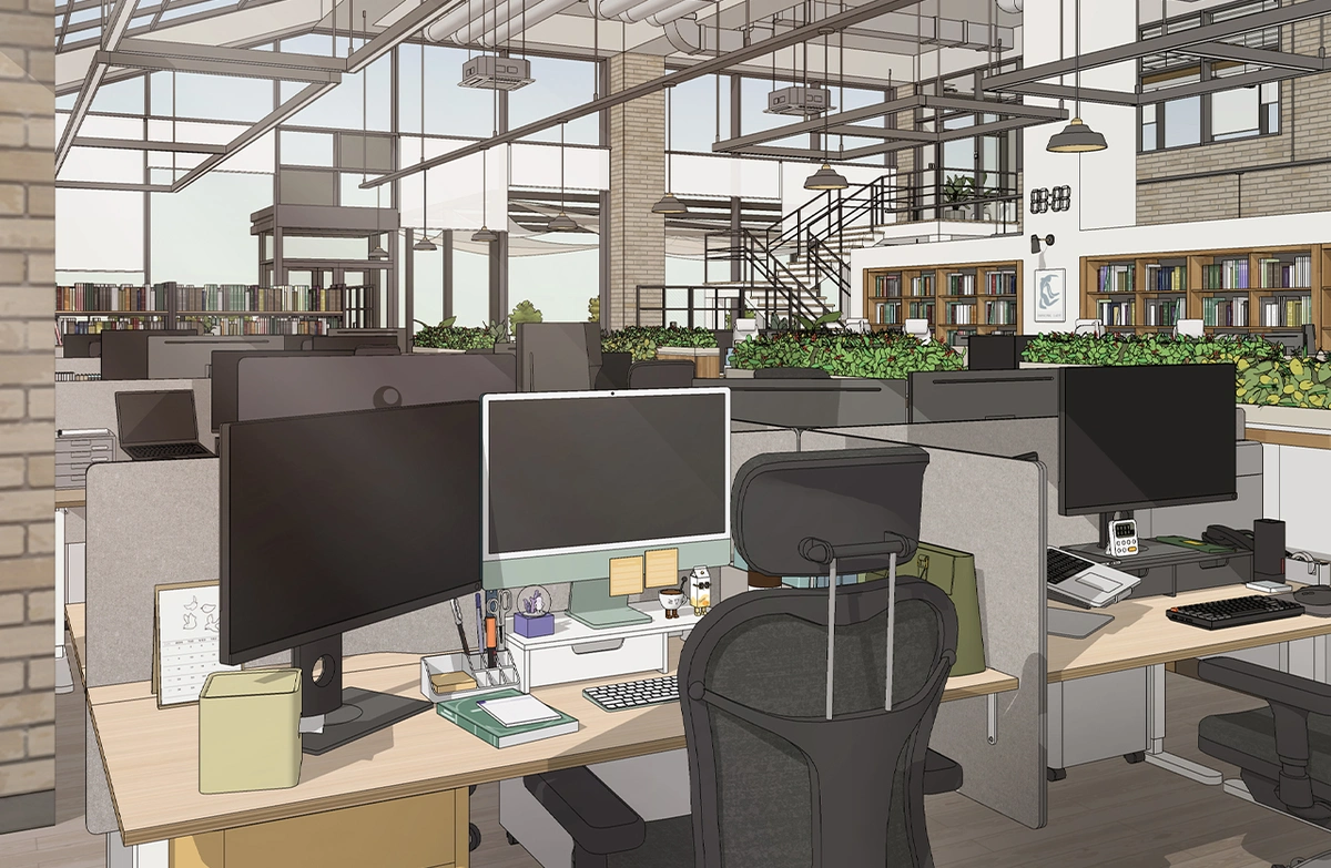Trendy medium-sized office with a garden