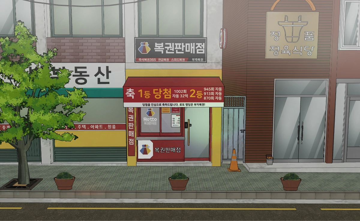The street outside the alley where Deokchi's lottery room is located