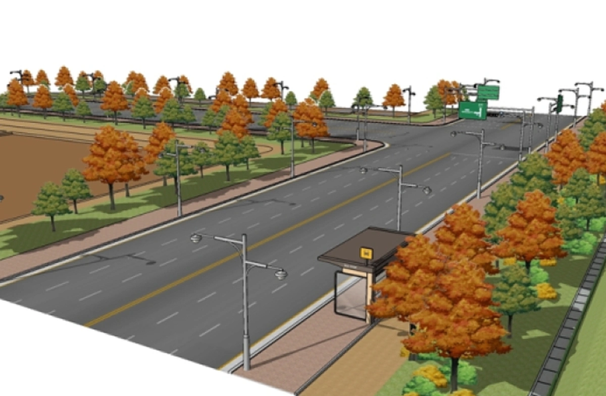Road three-way intersection and bus stop