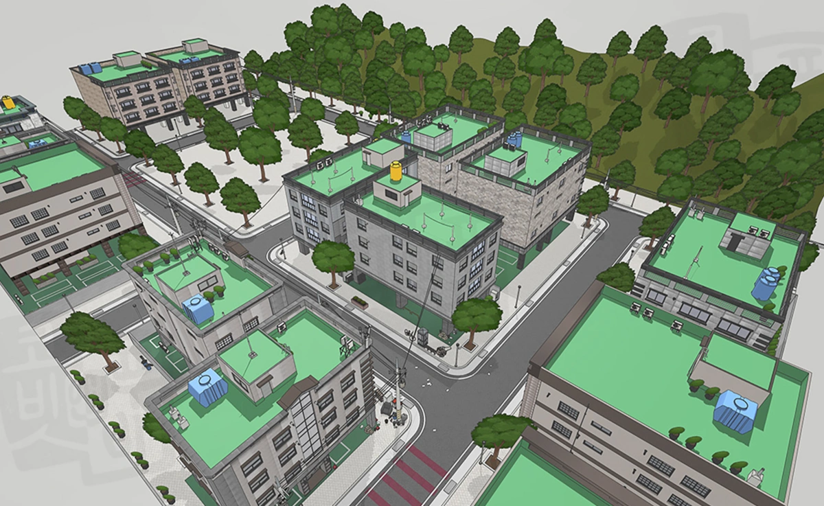 SketchUp background of a street lined with studio apartments