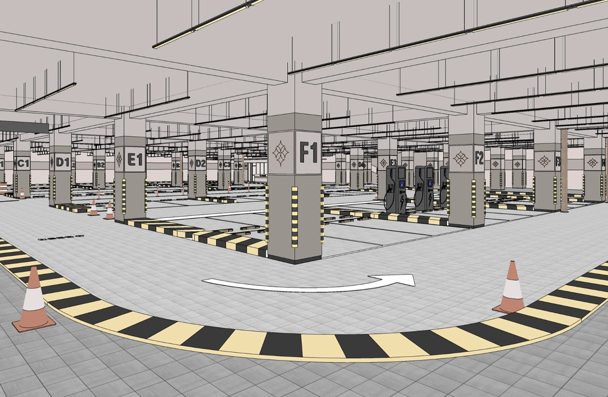 an underground parking lot at a department store/shopping mall