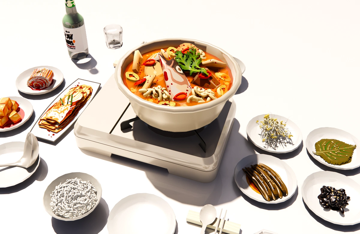 Spicy pollack soup and a glass of soju (3D illustration style)