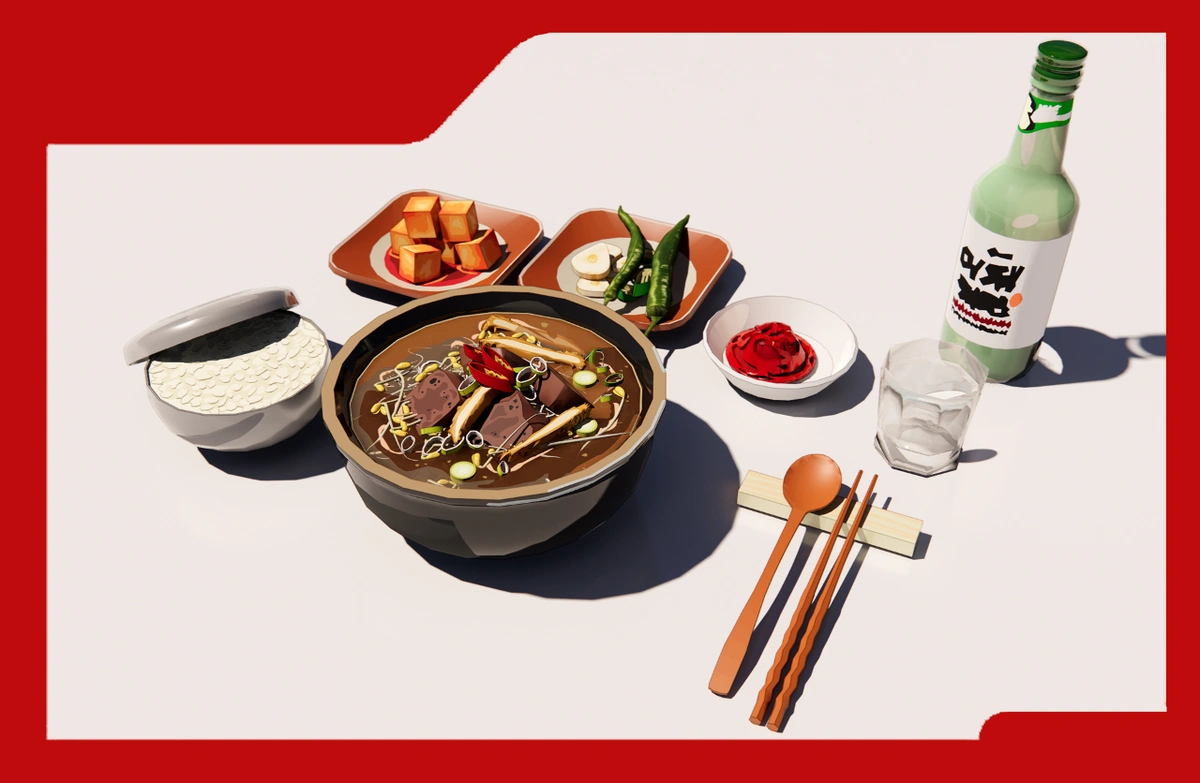 Sunji Hangover Soup and Hangover alcoholic drink (3D Illustration Style)