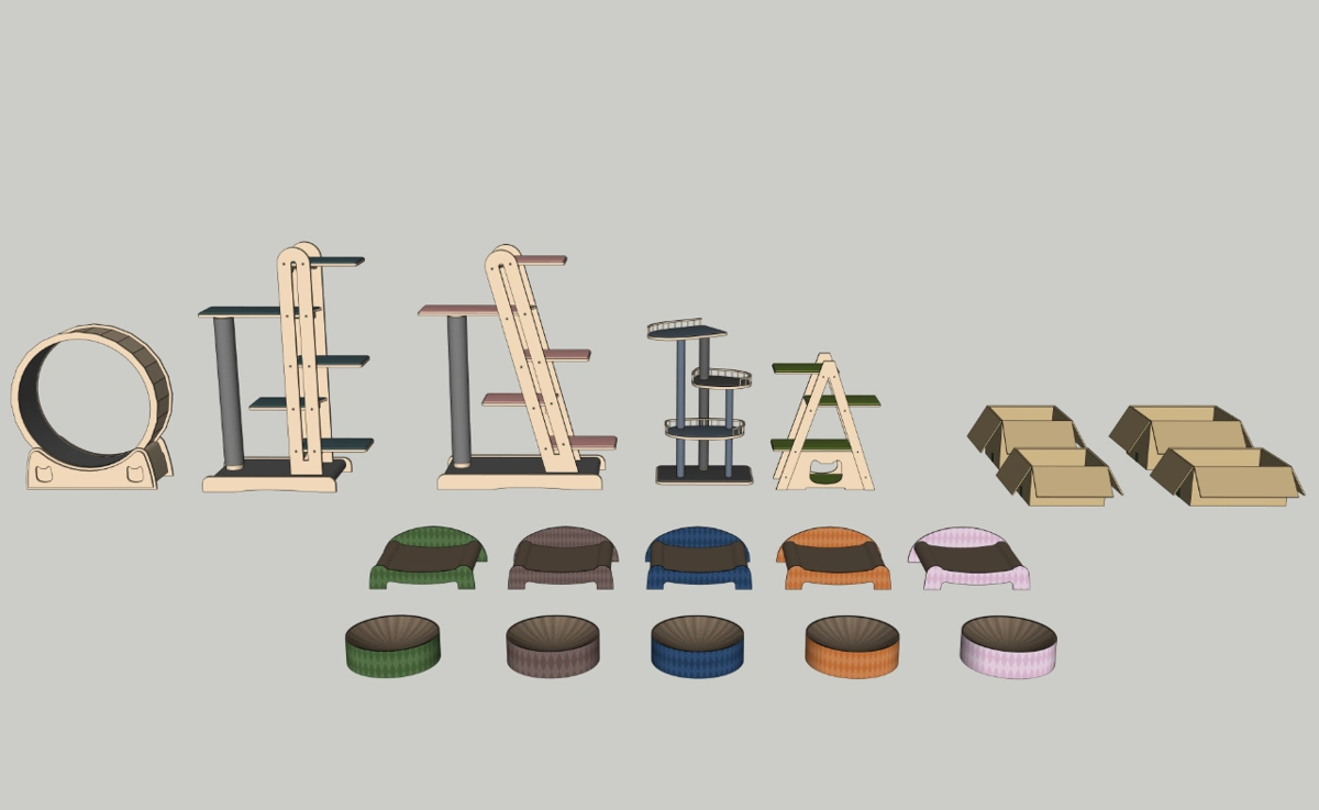 Cat tower and box, scratcher and cat wheel