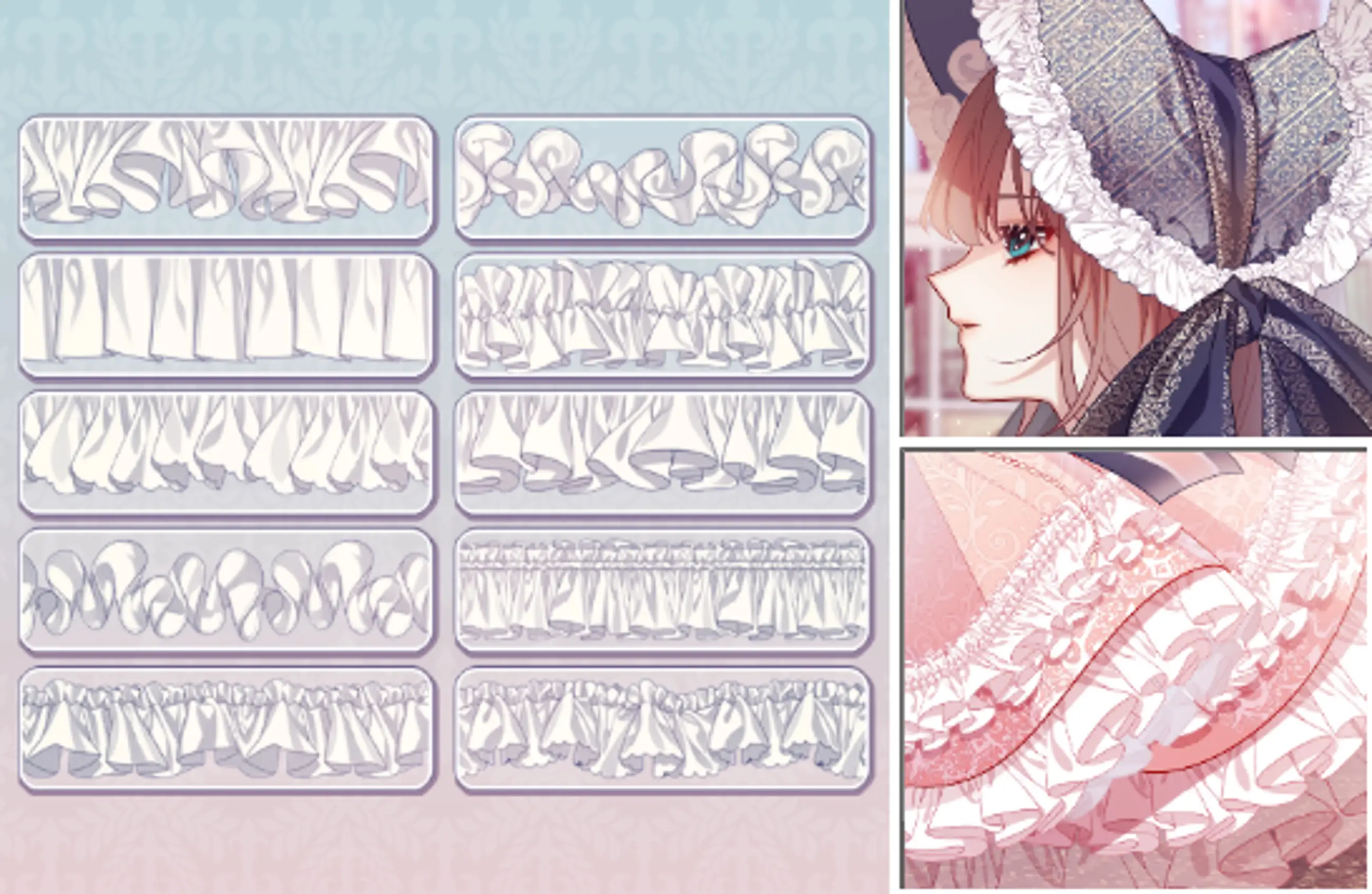 a collection of frill lace materials
