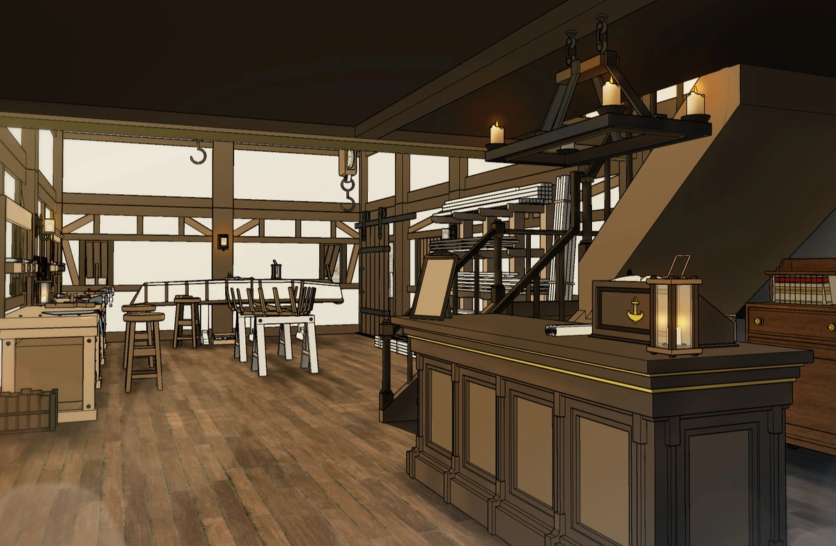 Fantasy medieval style wood workshop (shipyard)