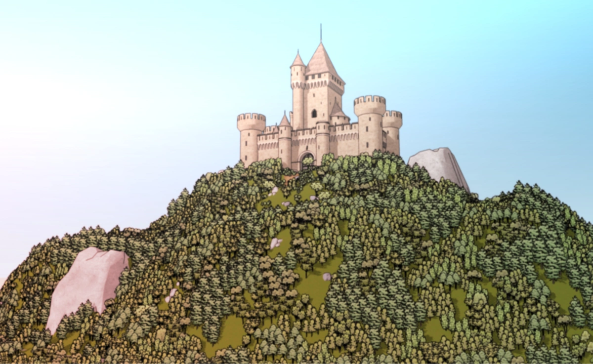 Medieval hillside castle and interior