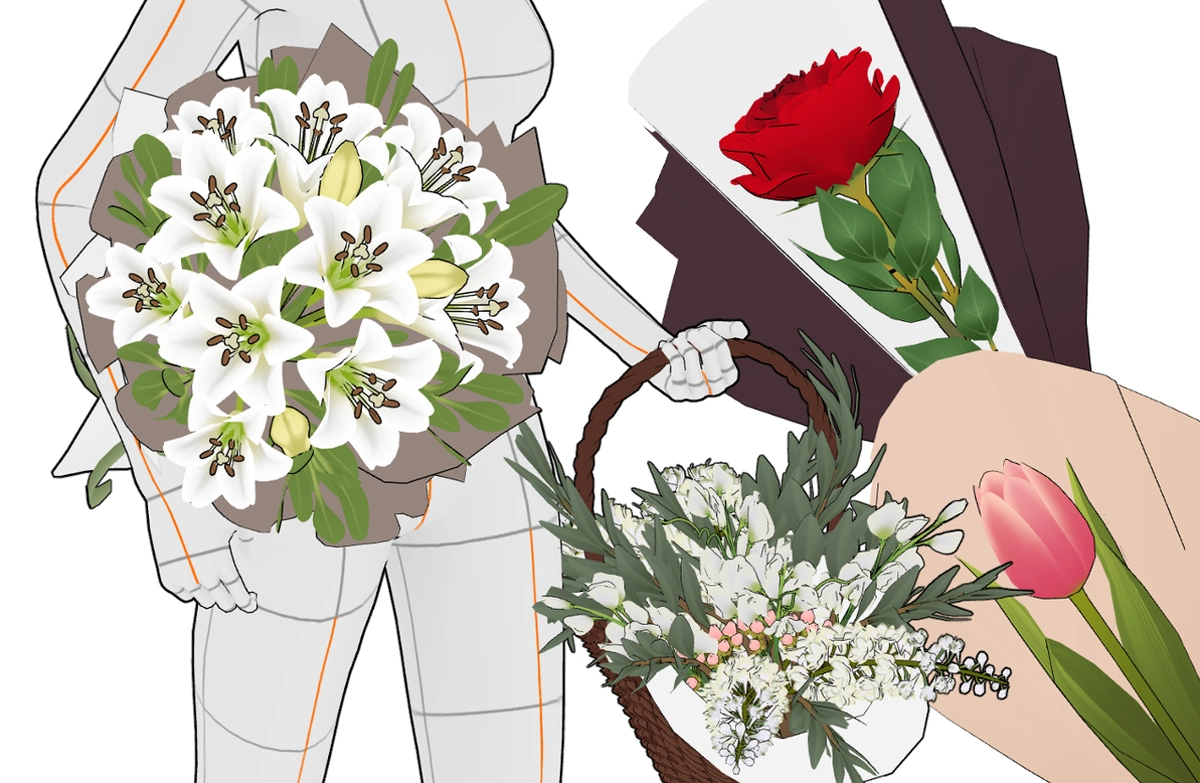 Flower Bouquet & Flower Basket SET: 3D Flower Material, 3D Flower