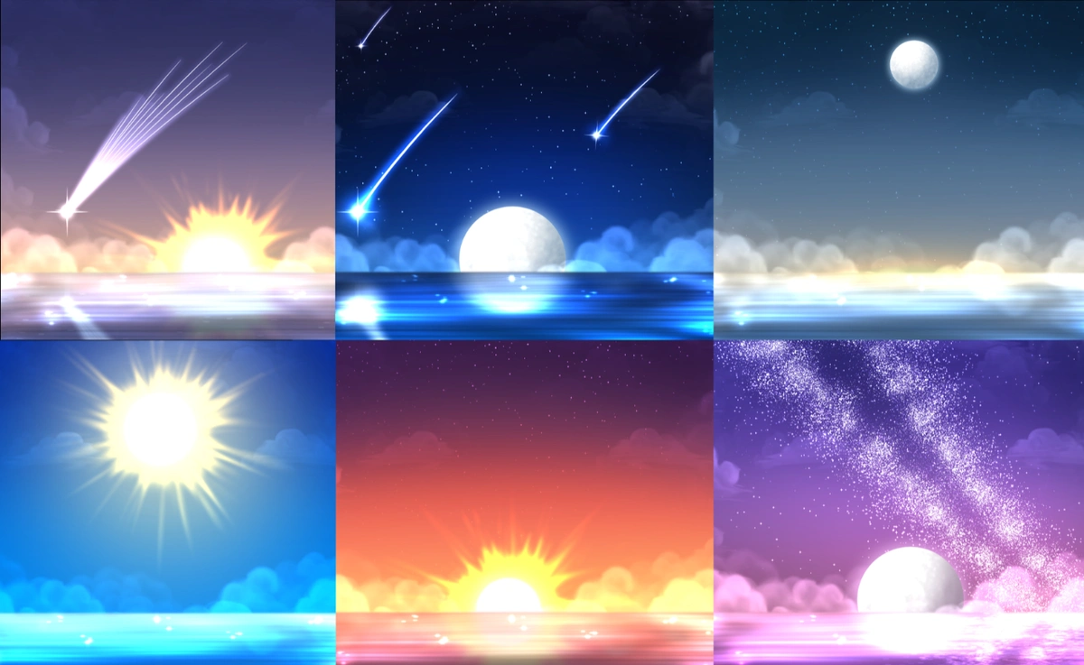 7 types of sky with different scenarios from dusk to midnight
