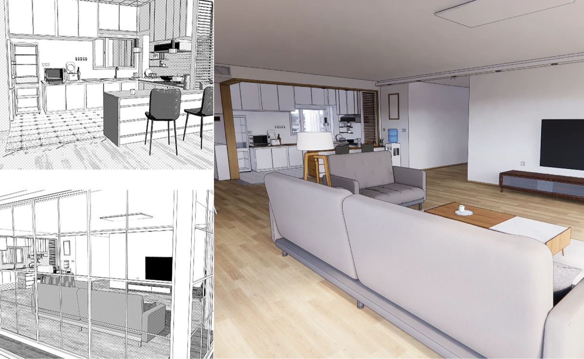 CSP 3D 모던 거실 오픈 키친