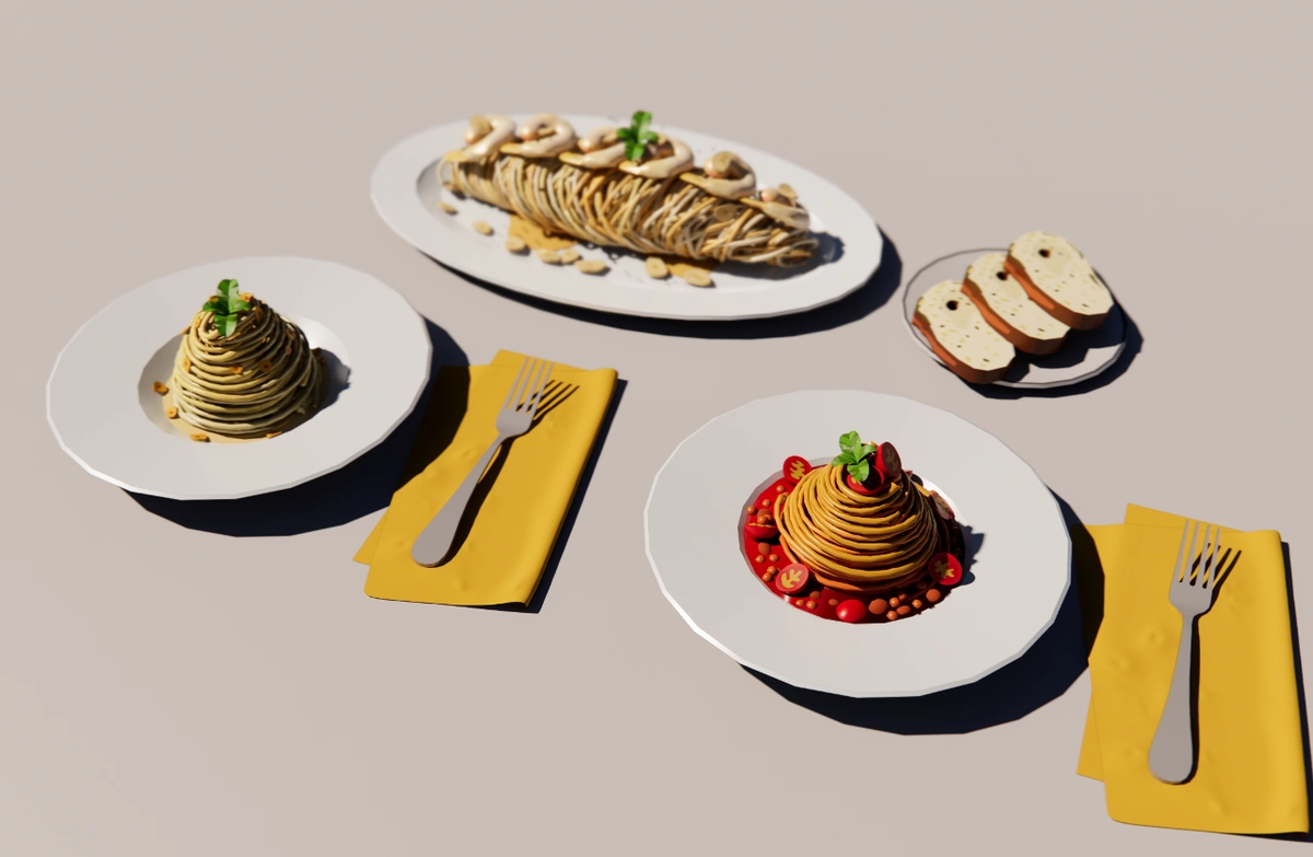 3p set of spaghetti (3D illustration style)