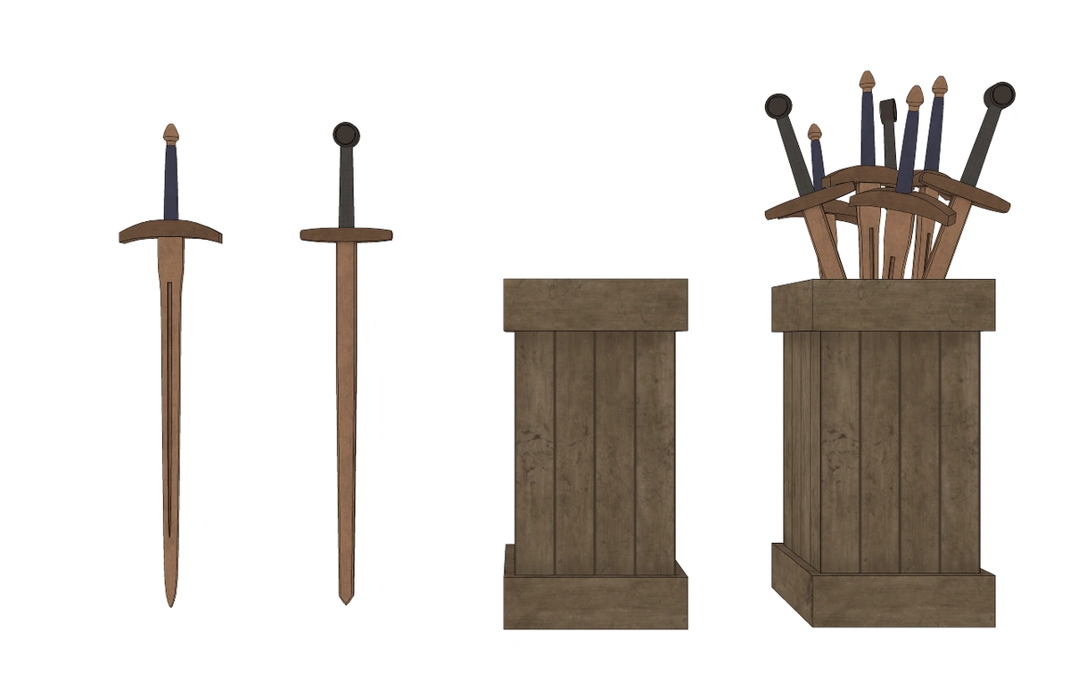 Box of two wooden swords