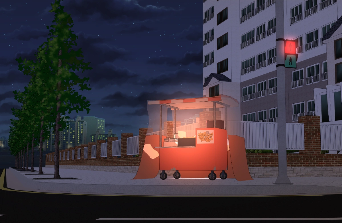 Fish-shaped bun shop in front of the apartment building