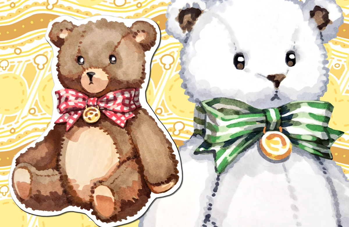 Teddy bear with a ribbon (bear doll, stuffed doll)