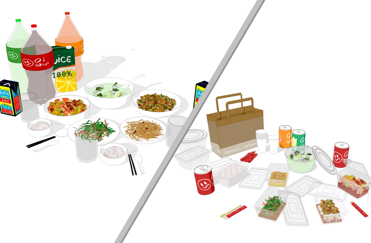 Typical Chinese Lunch Box and Beverage Set