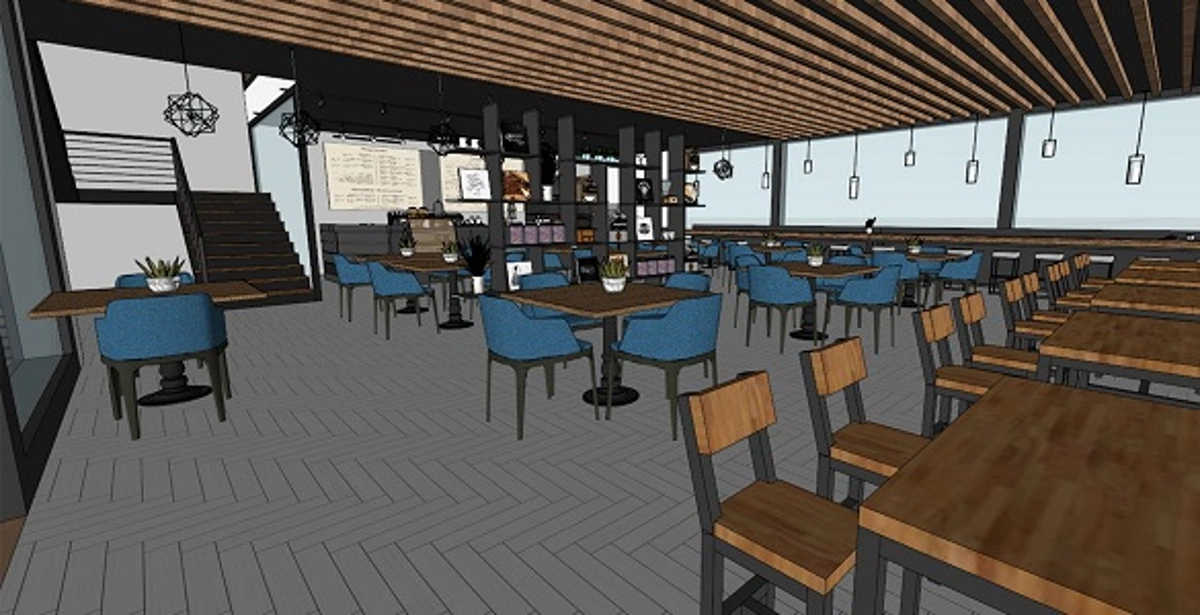 a modern two-story cafe