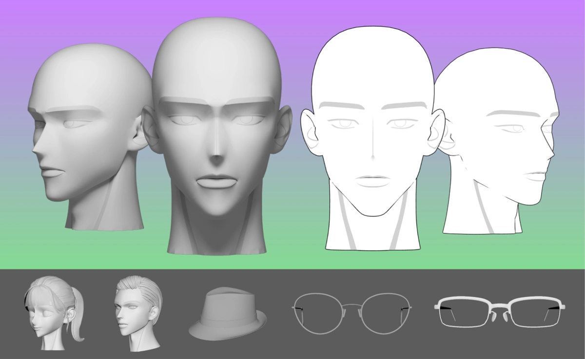3D head & props for webtoon/illustration [Type B]