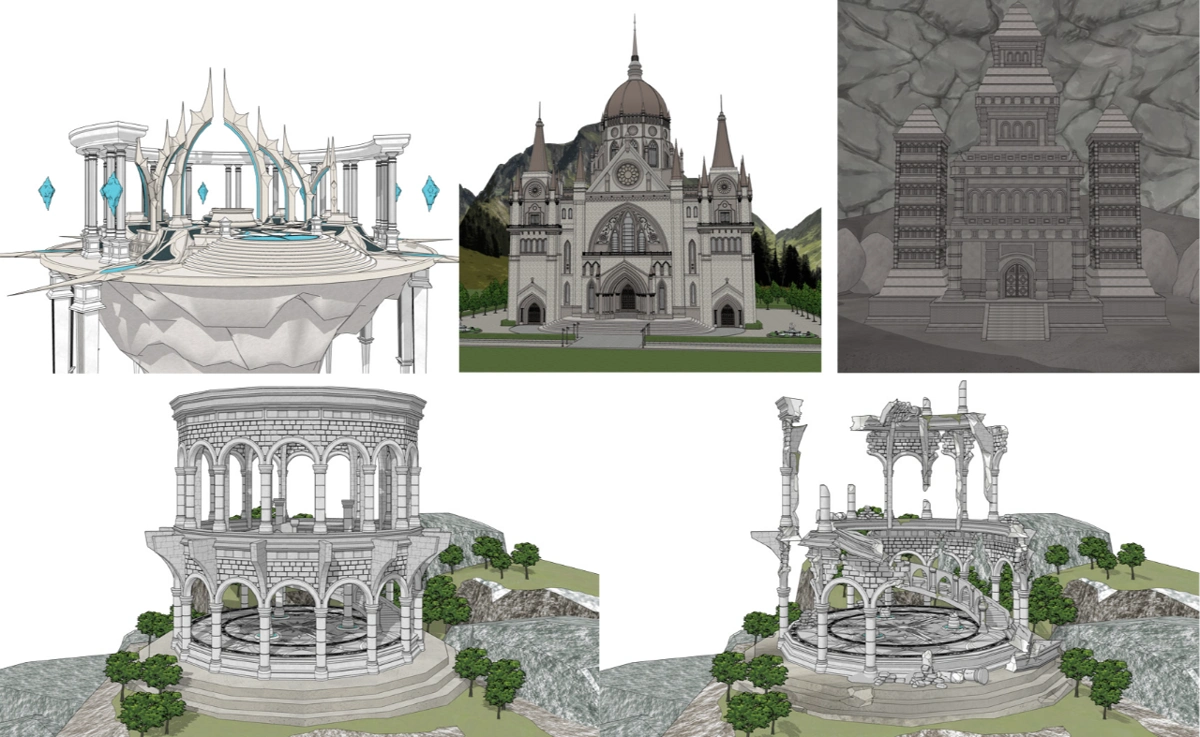 a four-piece set of temples where the breath of the gods stays