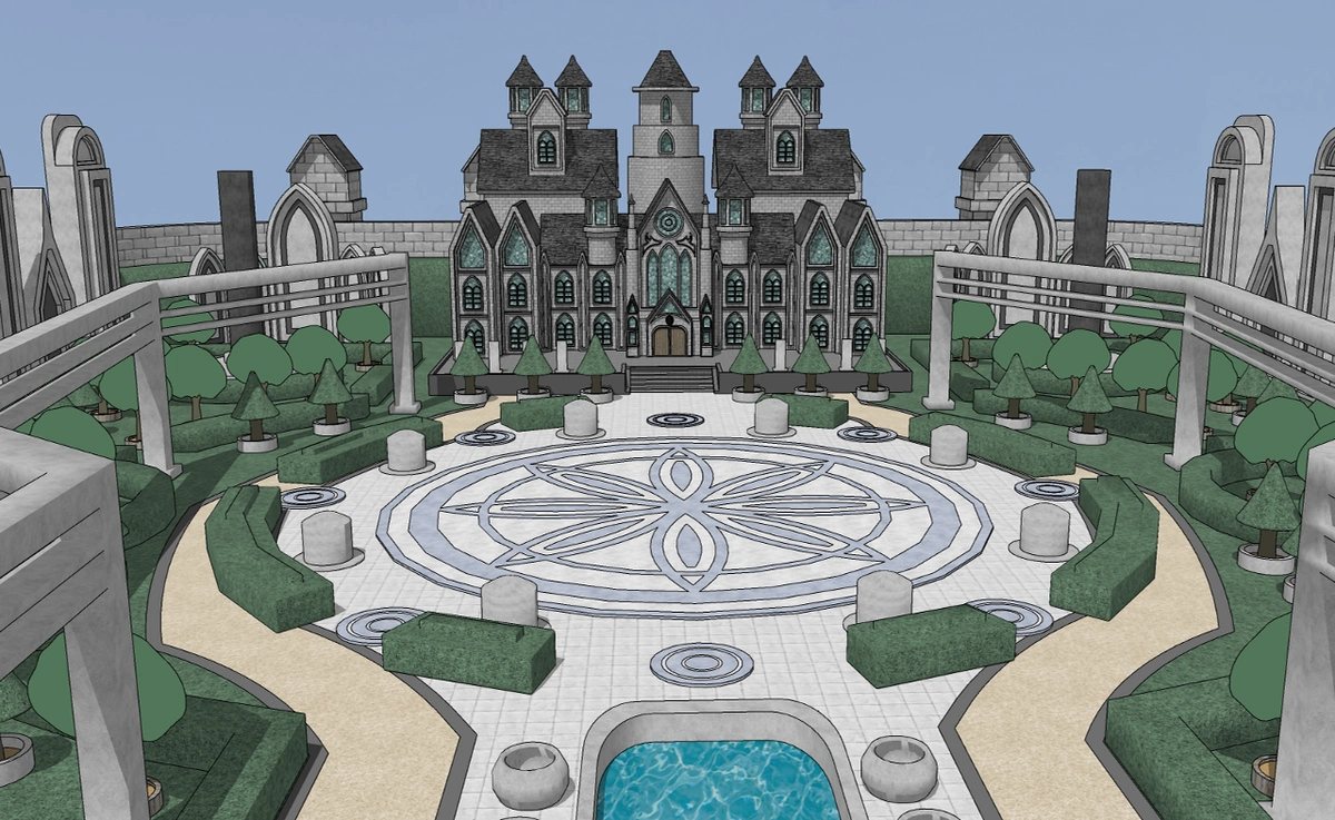 Fantasy school exterior with garden