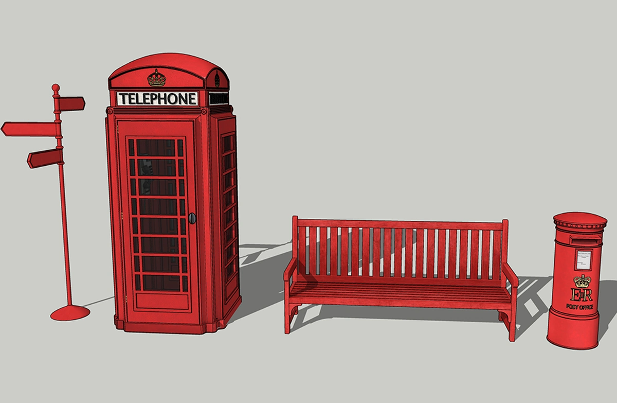 British style phone booth bench bulletin board mailbox set
