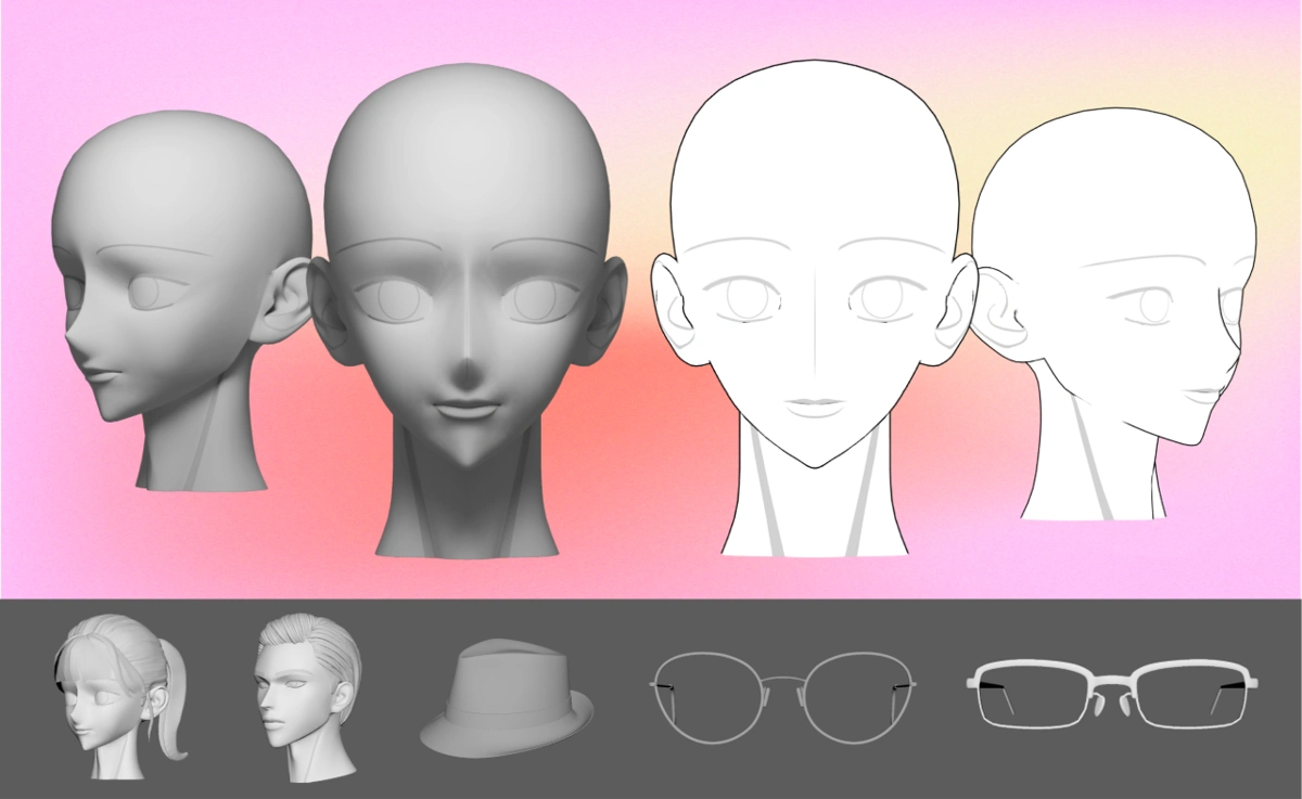3D head and props for webtoon/illustration [D type]