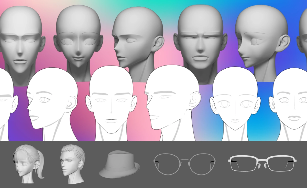 3D head & props for webtoon/illustration [Full set]
