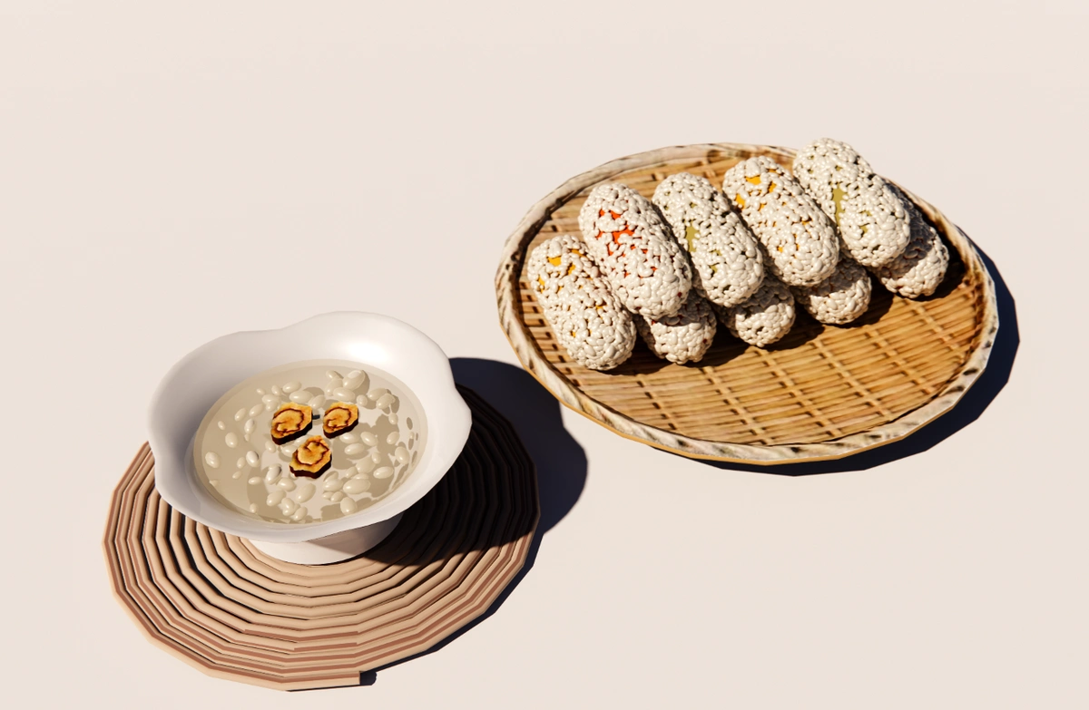 Rice punch and Korean traditional cookie (3D Illustrated Style)