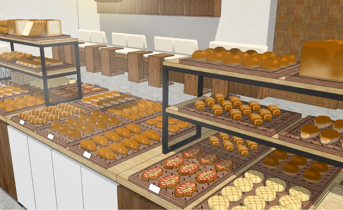 Bakery set that makes bread and cakes in an open kitchen